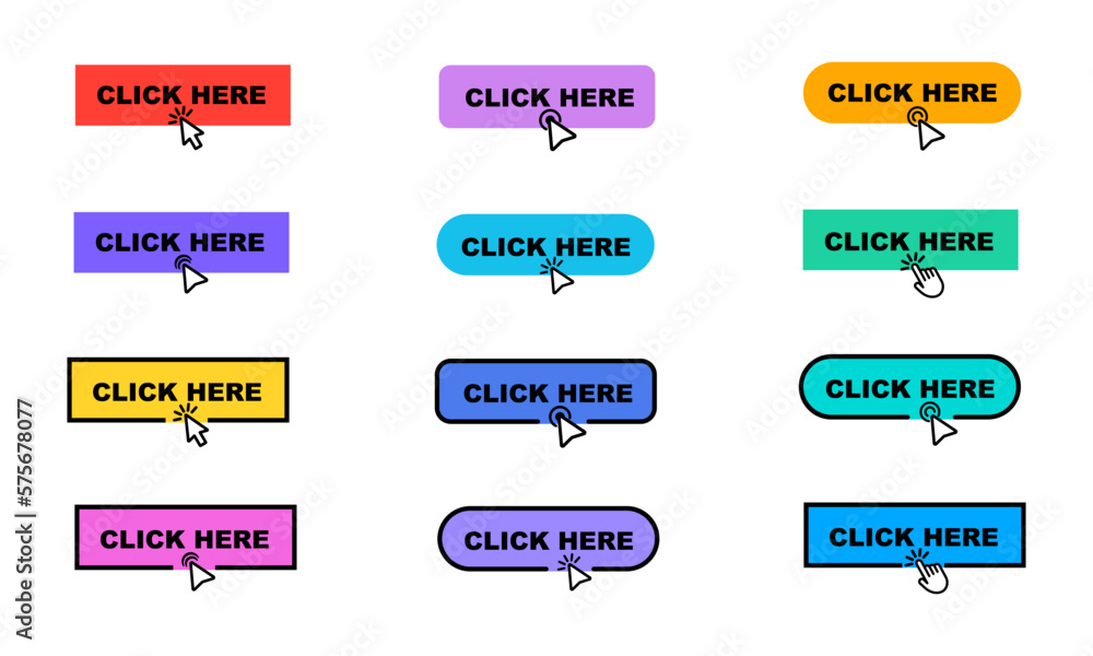 Set of colored click here buttons vector on white background. Buttons ...