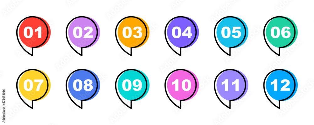 Number pointer vector set. Bullet points. Numbers marker. From 1 to 12 ...
