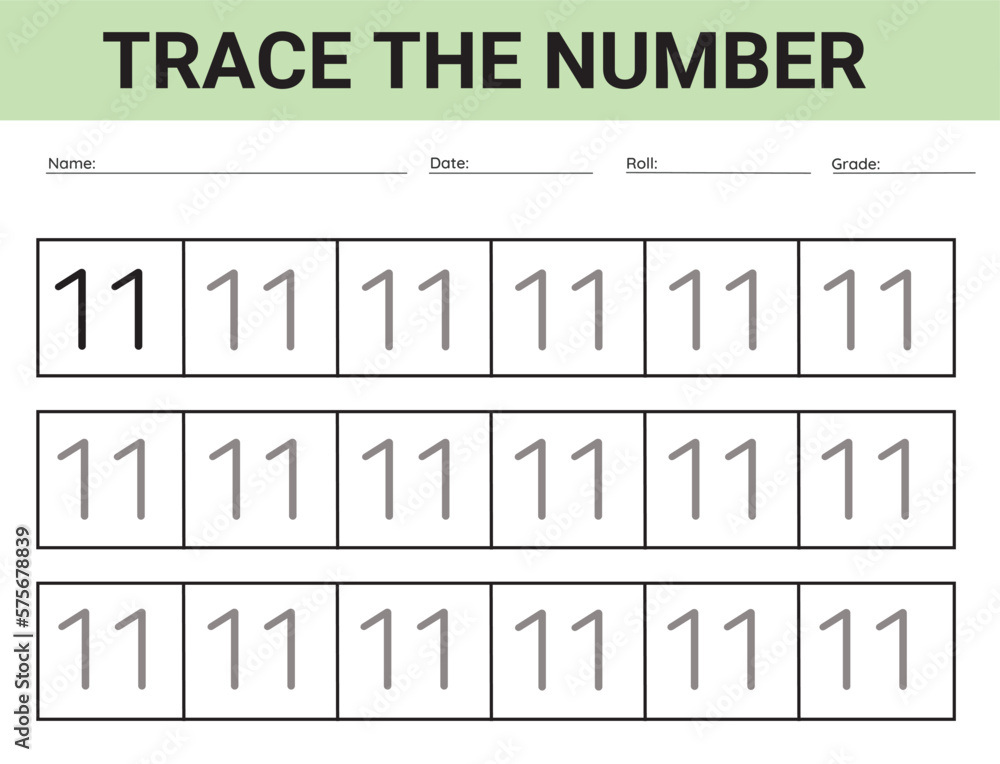 Number 11. card for kids learning to count and to write, worksheet for ...