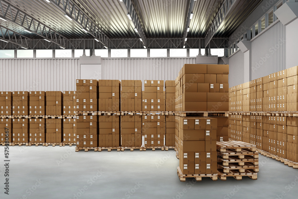 Pallets with boxes inside warehouse. Hangar for temporary storage ...