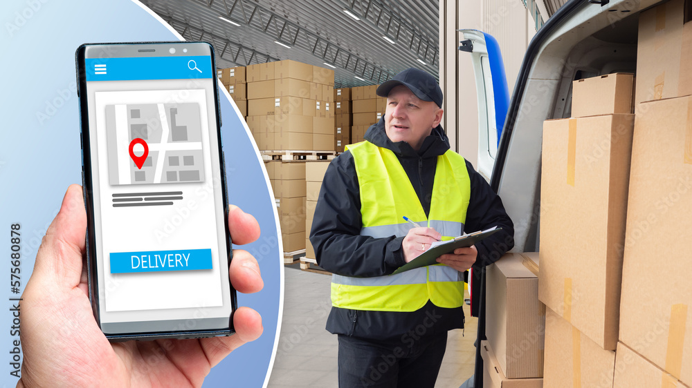 Delivery man. Hand with phone near courier. Delivery man loads boxes ...
