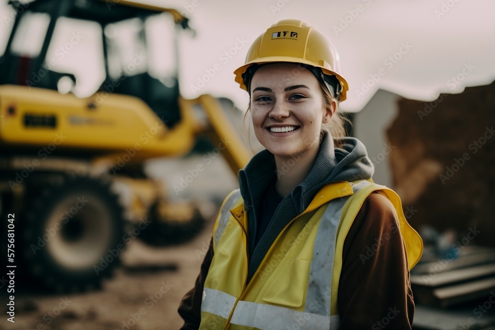 young working trans woman in uniform full body on a construction site ...
