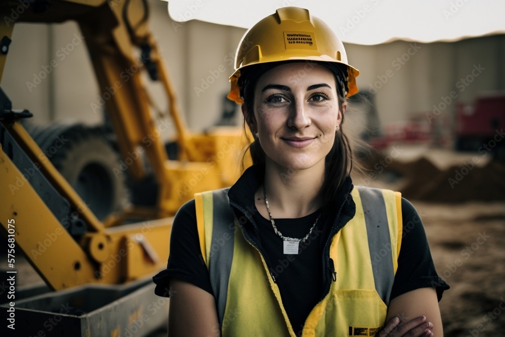 young working trans woman in uniform full body on a construction site ...
