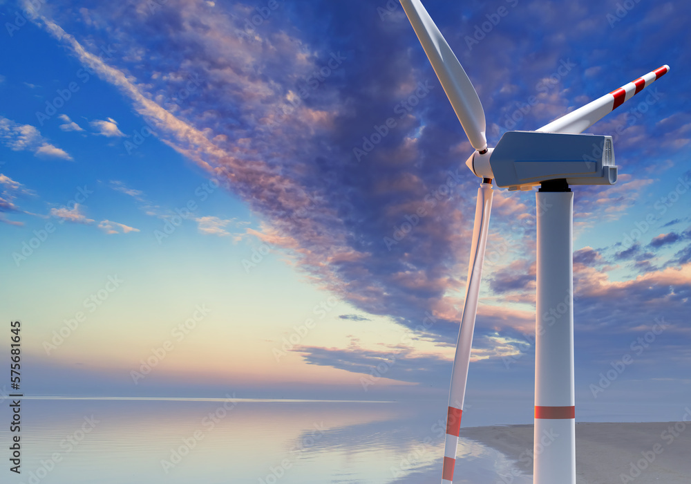 Offshore wind turbine. Wind generator on seashore. Windmill under blue ...