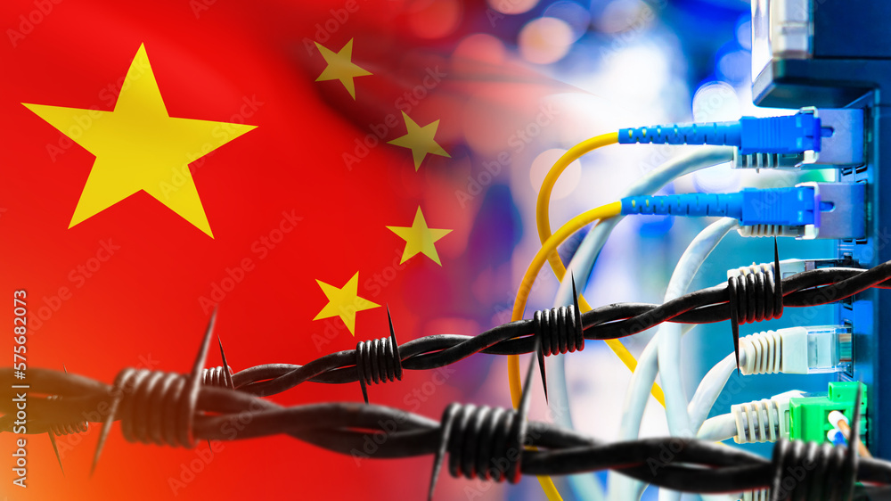 Network equipment with China flag. Barbed wire symbolizes access ...