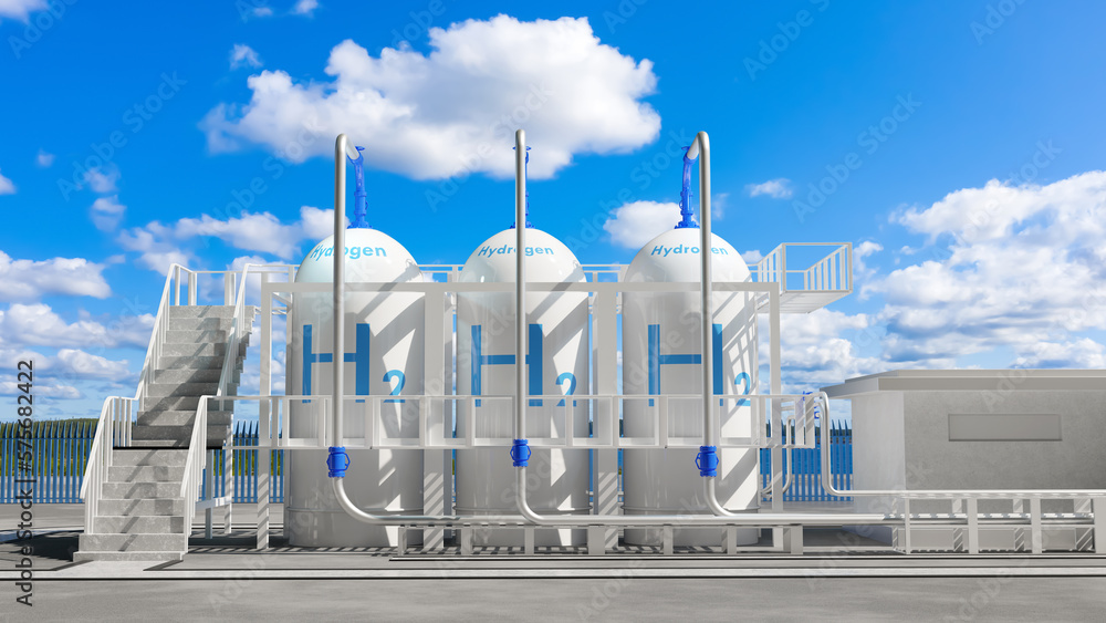 Hydrogen tanks under blue sky. Warehouse for storing H2 gas. Hydrogen ...