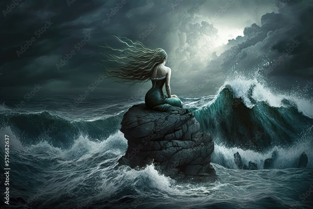 mermaid sitting on a rock in the middle of the ocean, with a storm ...