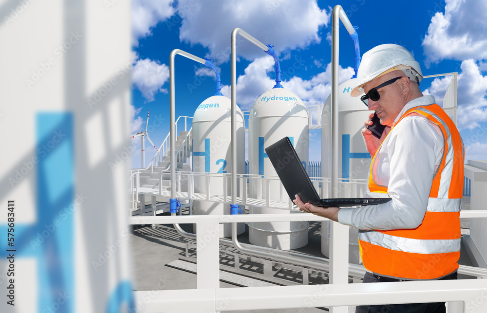 Hydrogen power plant on summer day. Male Agent talking on phone ...