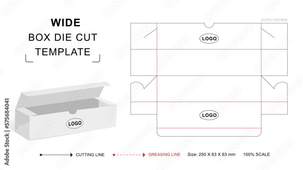 Rectangular auto lock box die cut template with 3D blank vector mockup ...