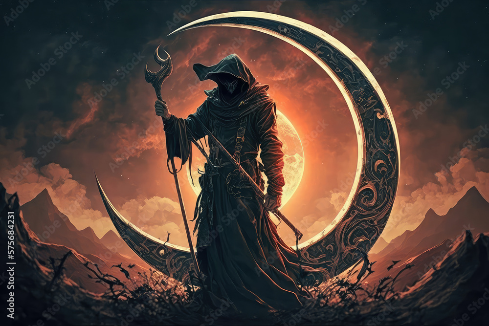 illustration painting of the Death as know as Grim Reaper holding the ...