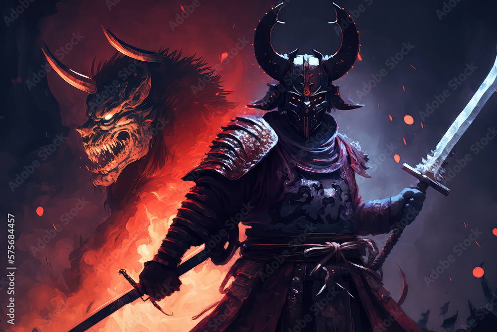 digital painting of fire devil cyborg samurai face, 3D rendering (ai ...