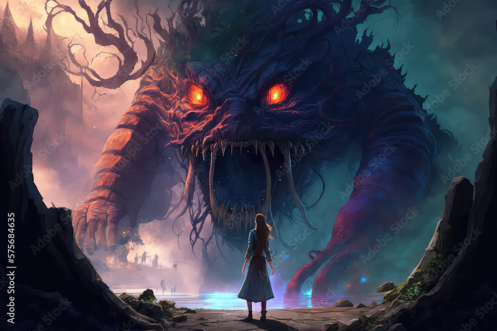 Mage woman summoning a giant creature. Colorful Landscape. 3D ...