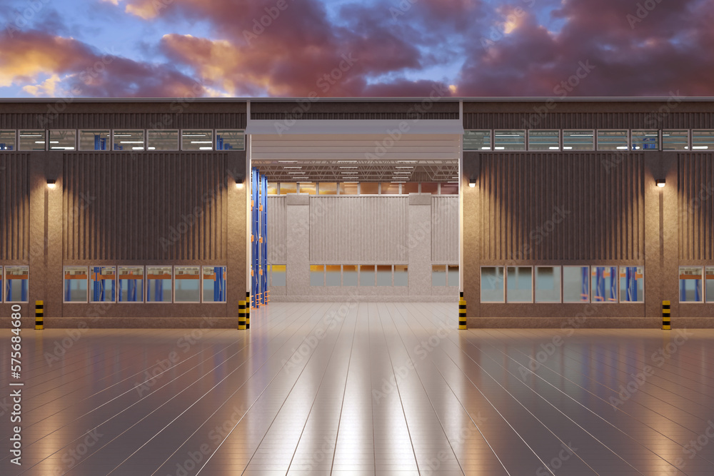 Logistic warehouse. Building with huge open gates. Warehouse with ...