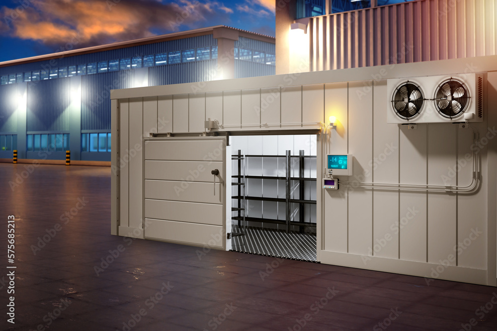 Production refrigerator. Freezer container near plant. Refrigerated ...