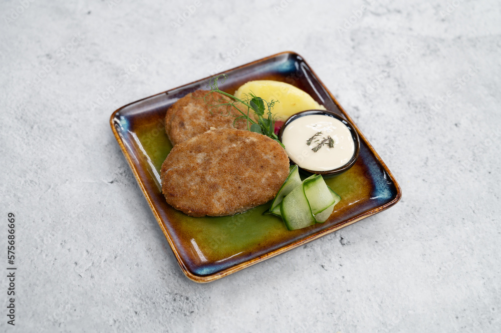 Ready-made food set: meat cutlet with potato puree and sauce. Food ...