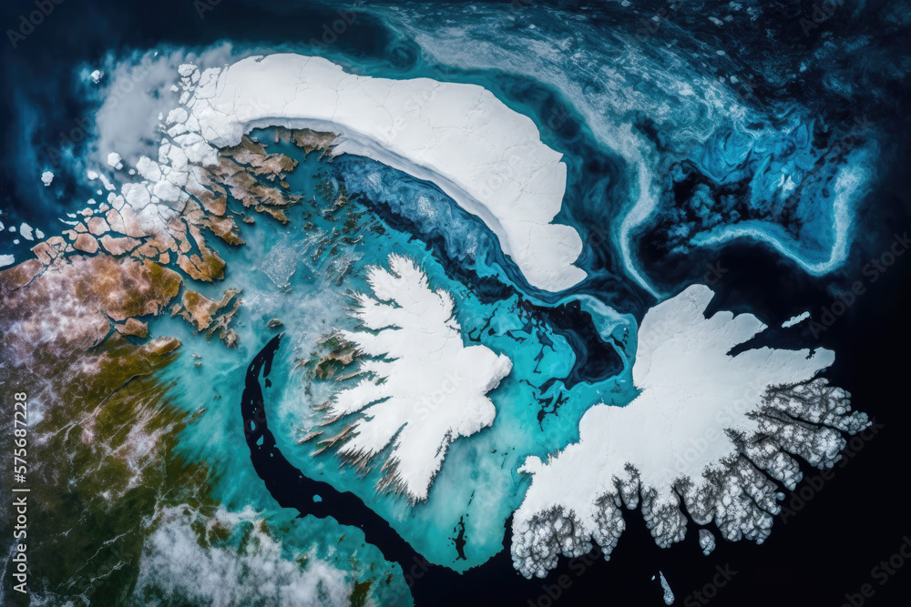 Glaciers and ice melting in the North, satellite image showing the ...