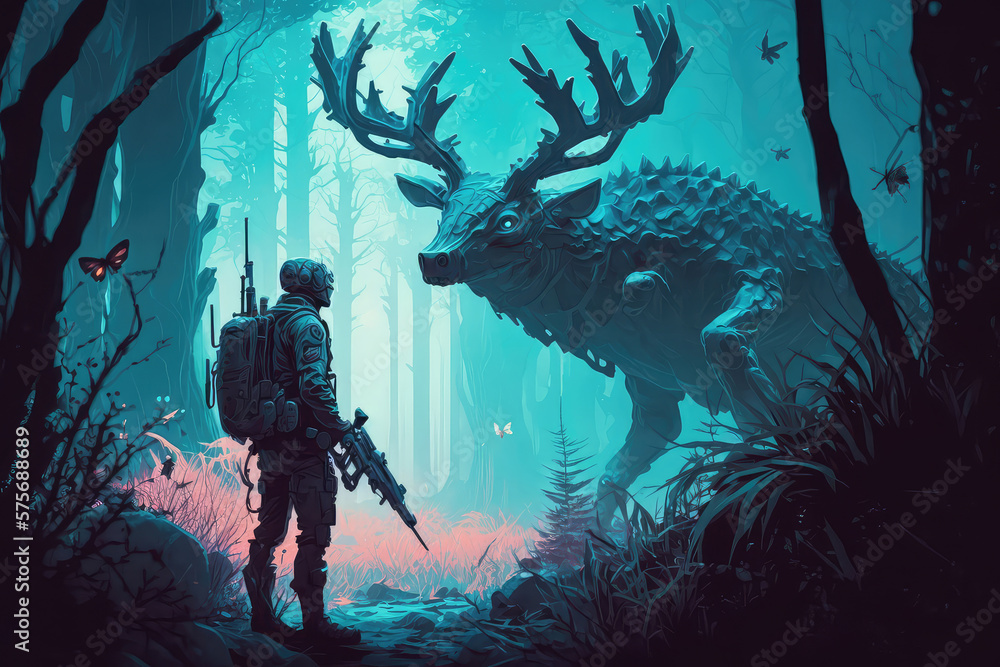 illustration painting of futuristic soldier hunting a deer monster in ...