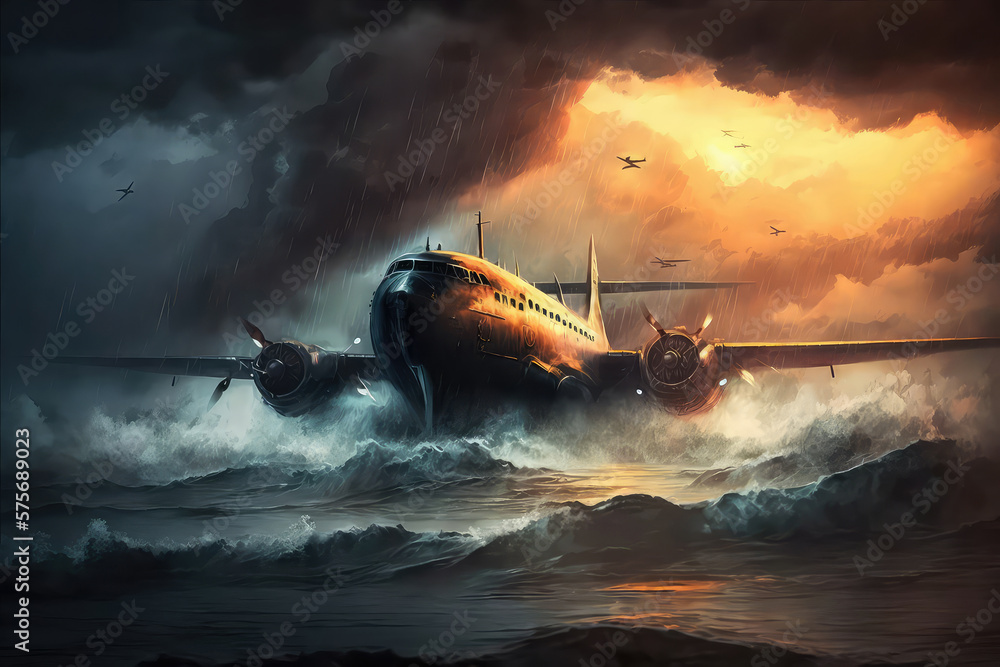 illustration painting of planes flying in the storm, ocean Digital Art ...