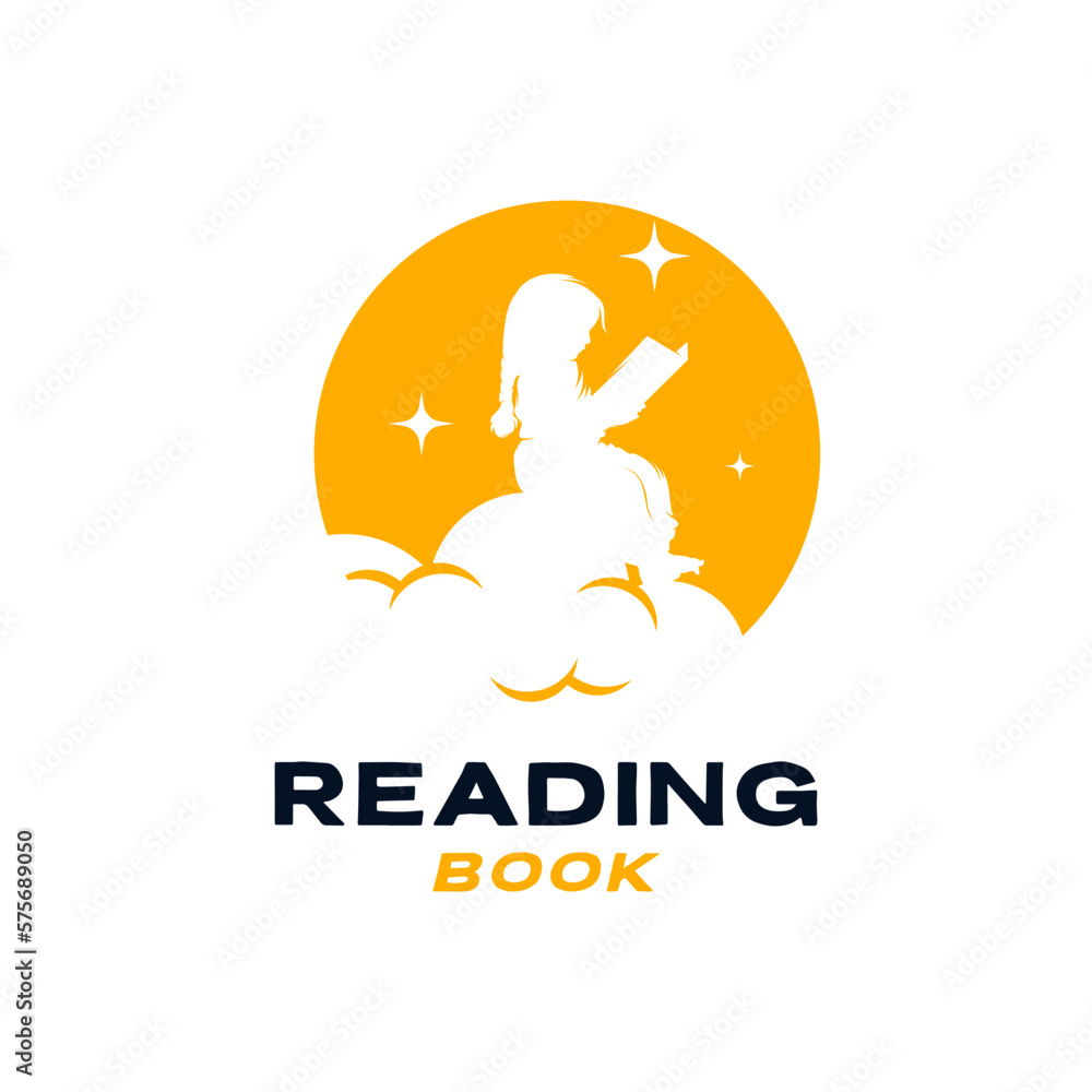 Vector little girl reading book on cloud logo template design Stock ...