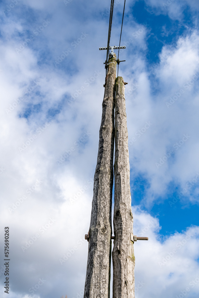 Anciens poteau téléphonique en bois au bord d'une route de campagne Stock-Foto | Adobe Stock