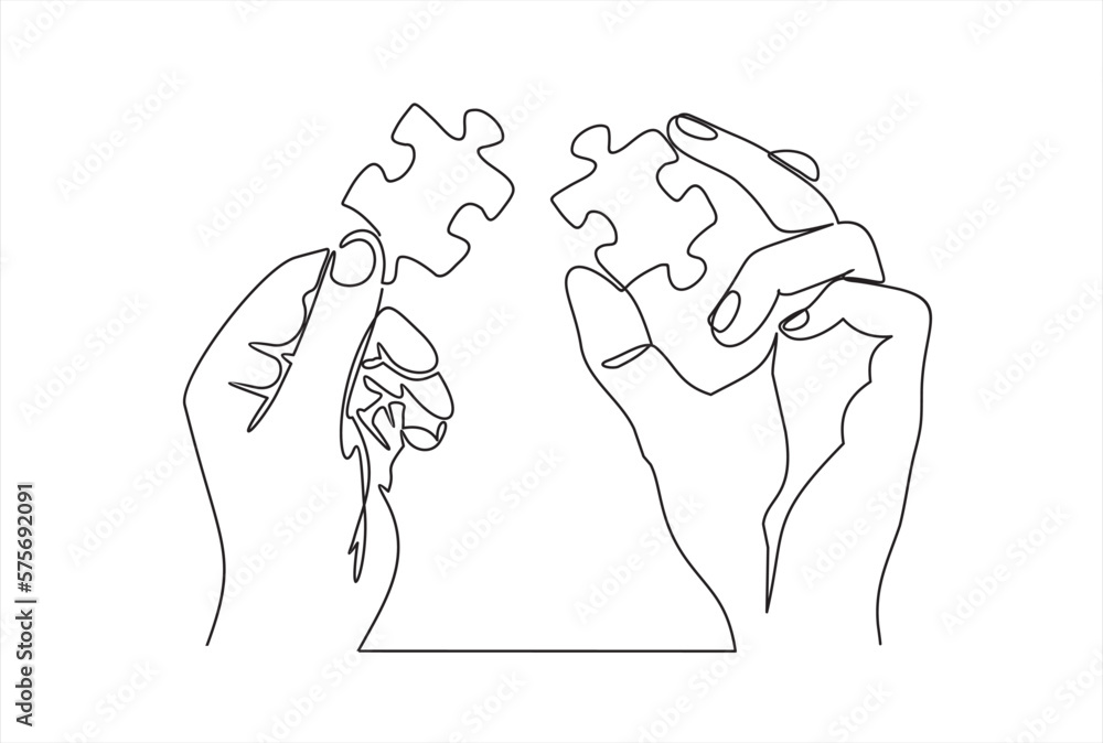 Continuous one line drawing of hands and puzzle. Business matching ...