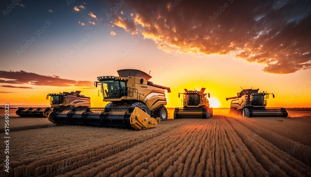 Four Combine harvesters working on the field at sunset. Ai Generated ...