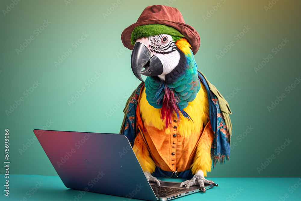 Studio photo portrait of a happy parrot in hipster clothes with a ...