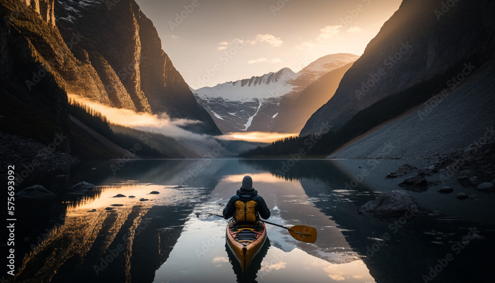 Kayaking in the valley, canyons at the sunset. Man canoeing on the ...