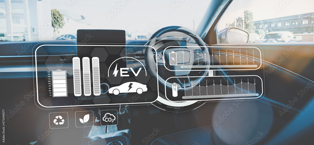 New EV car interior. Display shows charging hybrid battery of electric ...