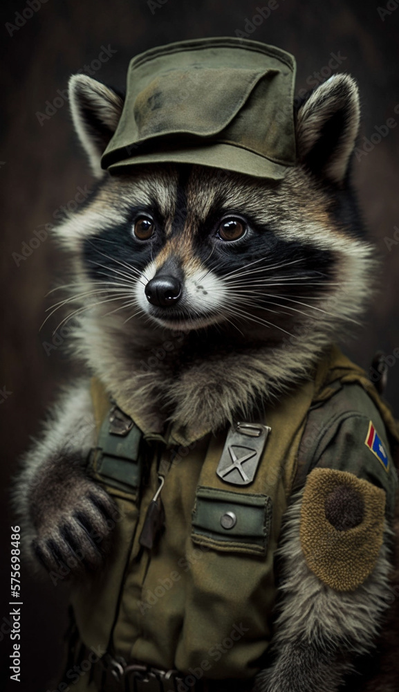 Digital illustration of a raccoon in a military uniform with a cap ...