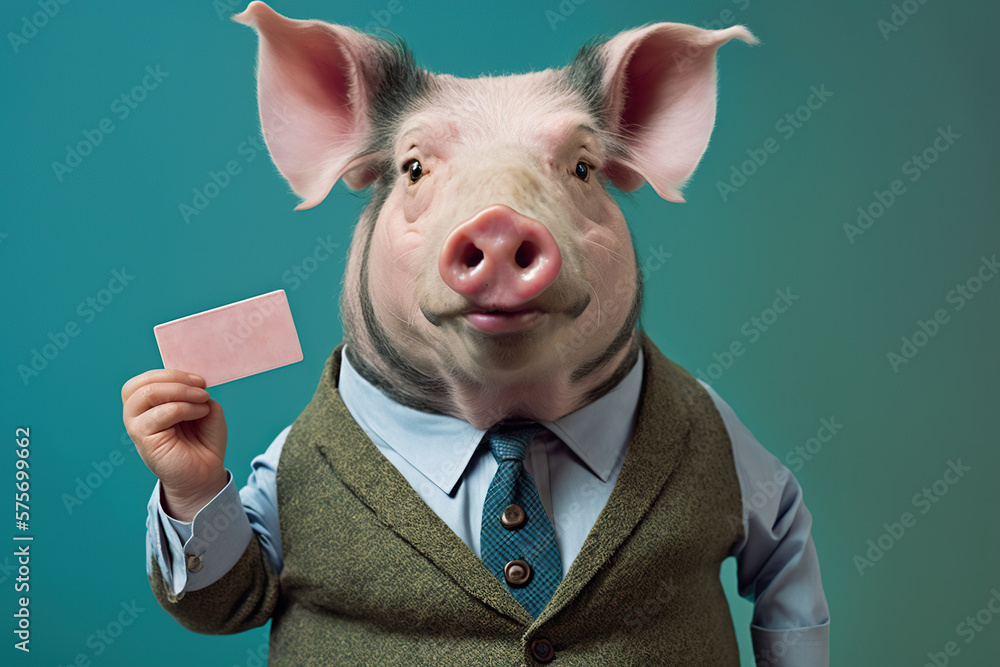 Studio photo portrait of a pig in business clothes showing credit card ...
