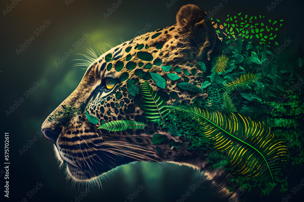 Muzzle of leopard profile silhouette with leaves of tropical vegetation ...