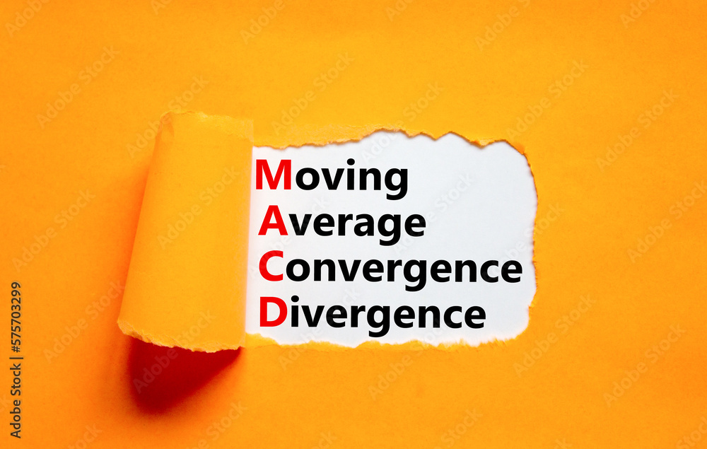 MACD symbol. Concept words MACD moving average convergence divergence on white paper on ...