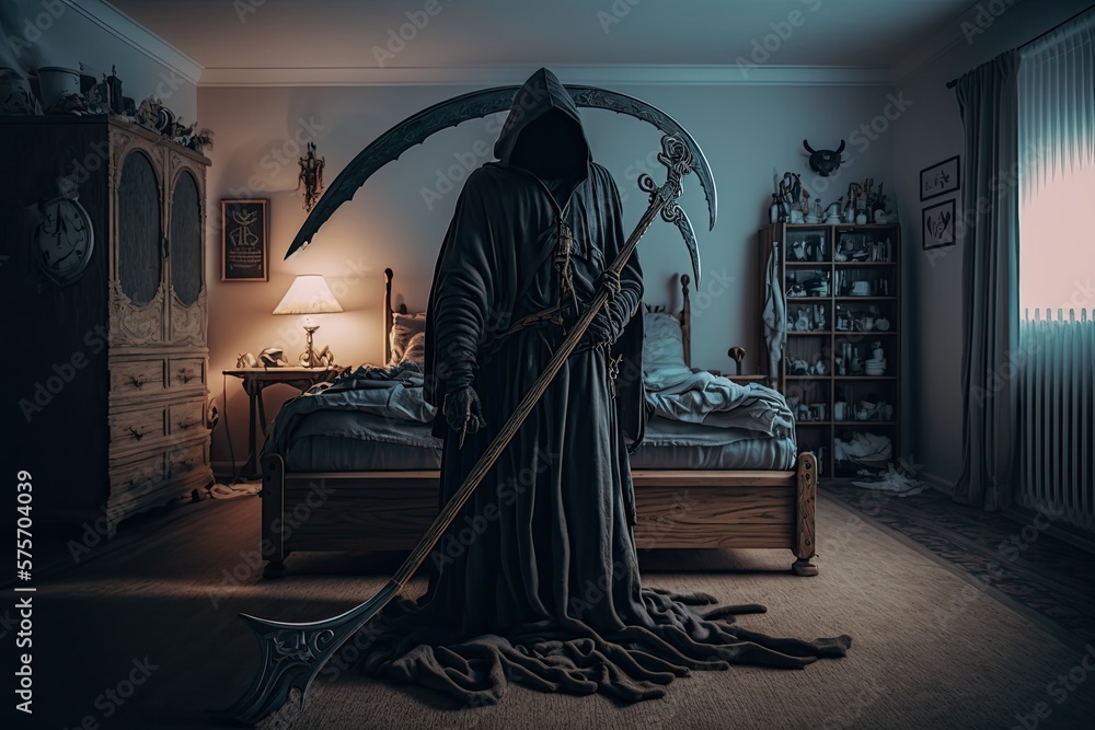Grim reaper standing front of a bed generative AI illustration. Stock ...