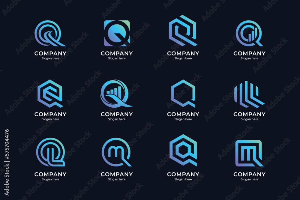 set of letter q logo and combination, with blue and purple gradient ...