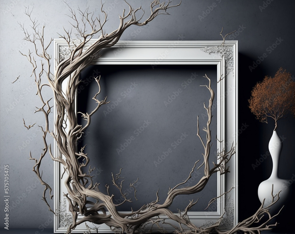 Branches of tree roots frame an empty frame. AI generated Stock ...