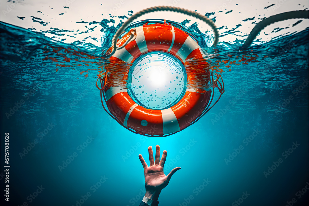 Man drowned under water, hand reaches out from the depths to red life ...