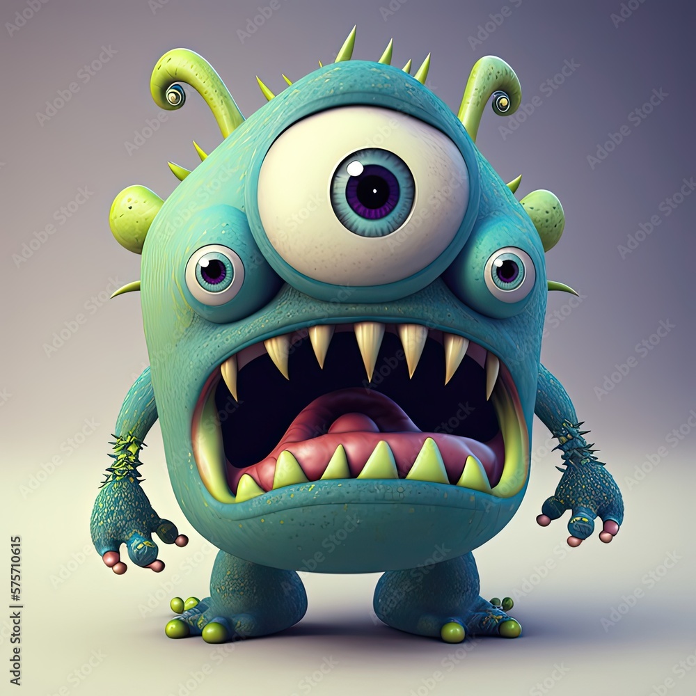 Little cute blue monster with an open mouth in a cartoon style on a ...