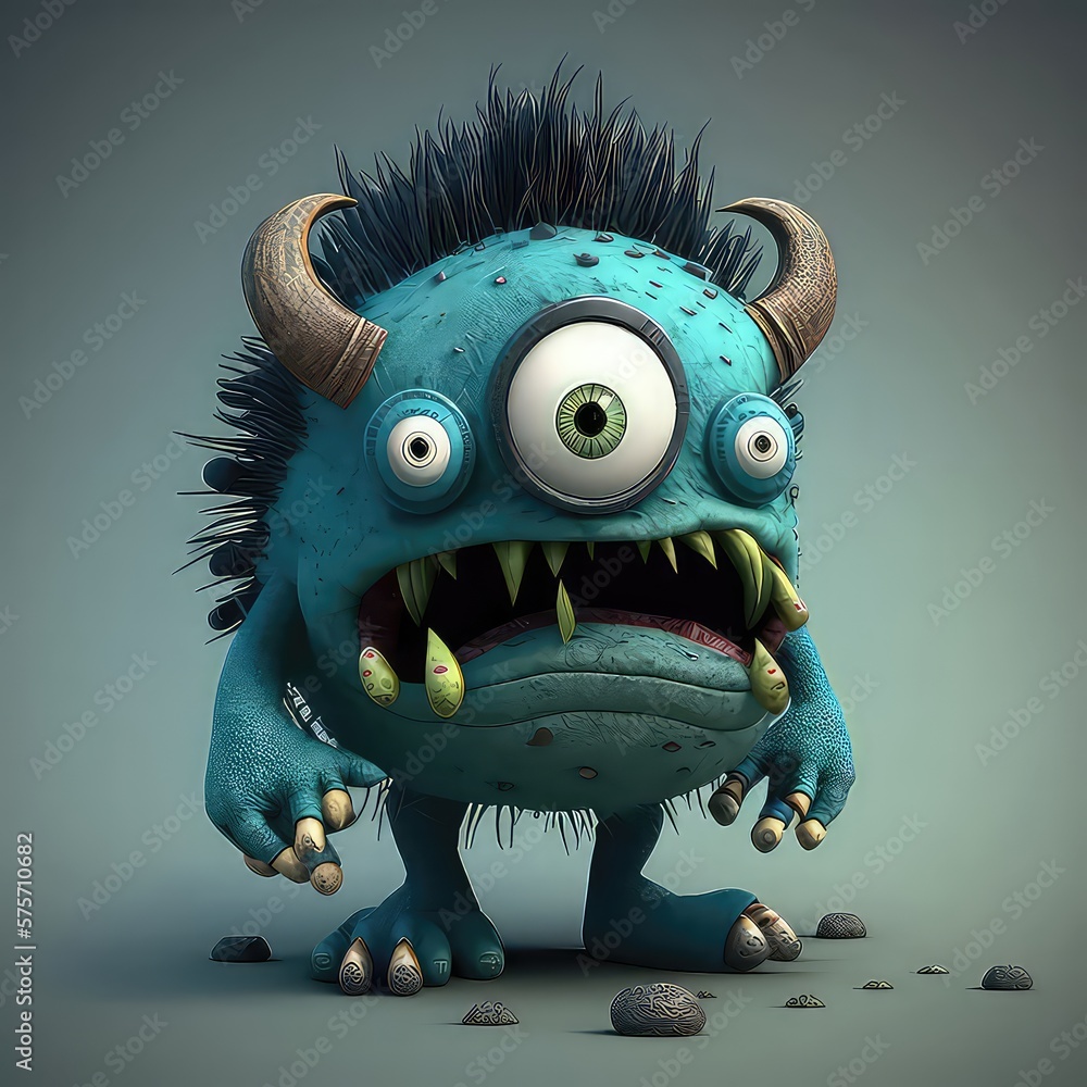 A small creepy blue monster looks surprised, in a cartoon style on a ...