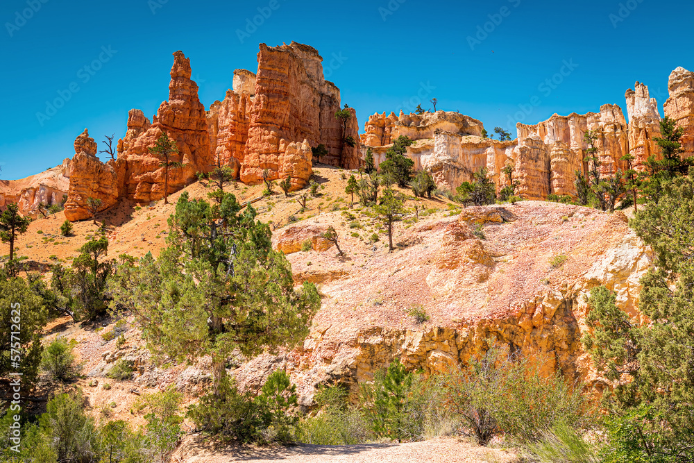 Red rock geological formations of hoodoos and spires in the arid desert ...