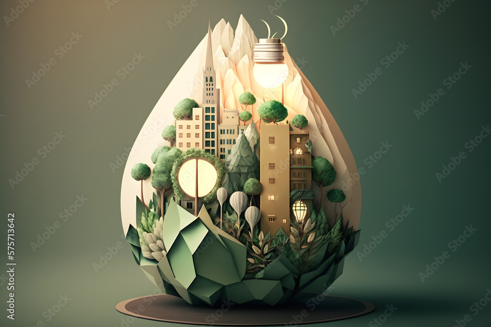 Light bulb ecological green paper collage city, made with Generative AI ...