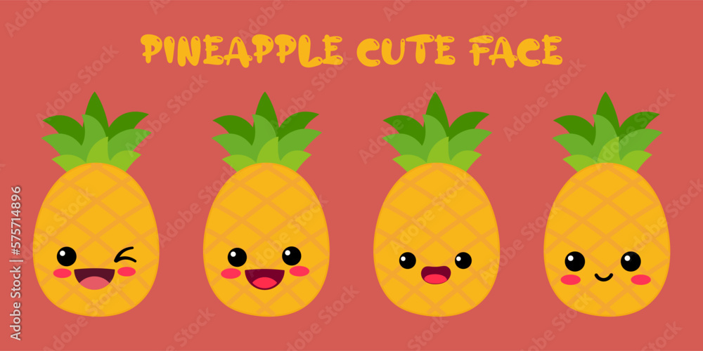 CUTE PINEAPPLE ,HAPPY CUTE SET OF SMILING PINEAPPLE FACE . VECTOR ...