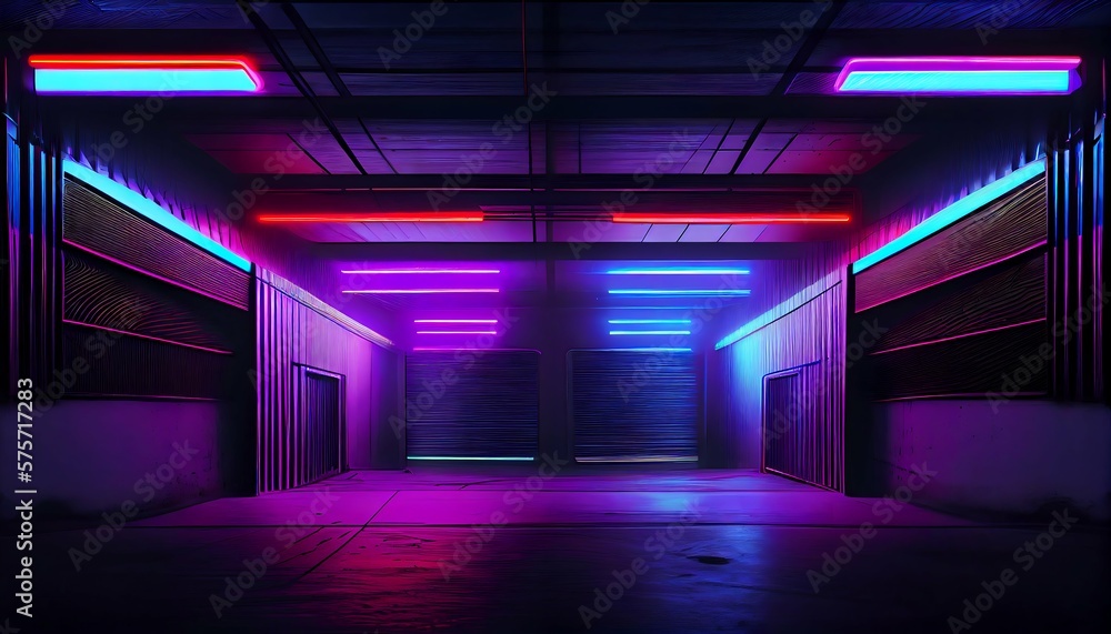 Neon light garage 3d on dark background. Neon dark room, future empty ...