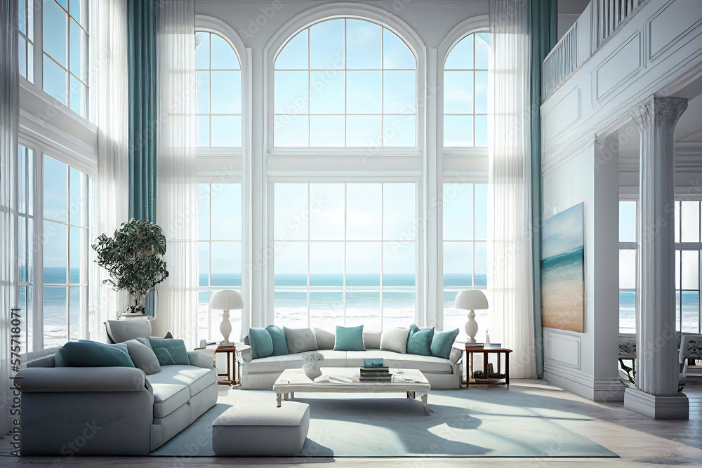 Large living room with a sea view in a lavish summer beach home with no ...