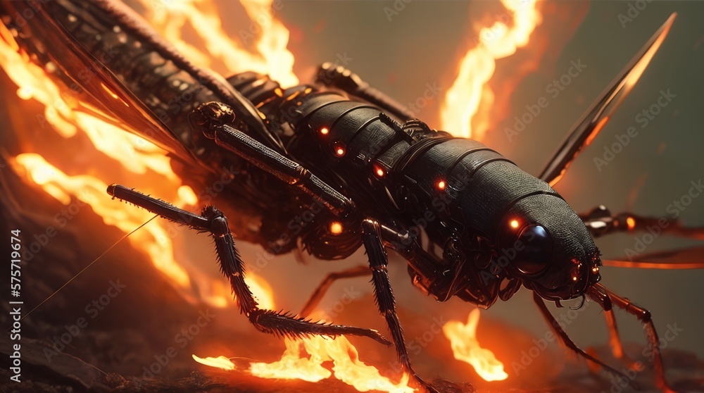 A large insect is on fire with spread wings and is surrounded by flames ...