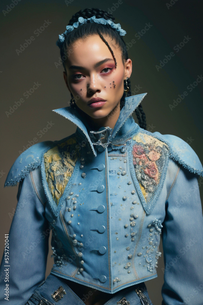 a fictitious model wearing a denim jacket reimagined in a unique and ...