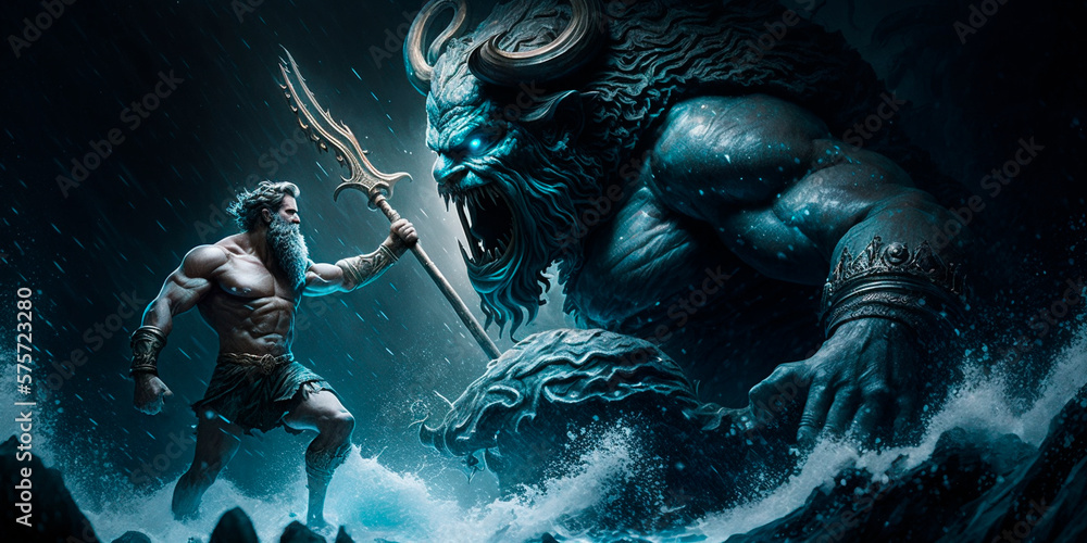 Poseidon battles the giant Polybotes in the sea Stock Illustration ...
