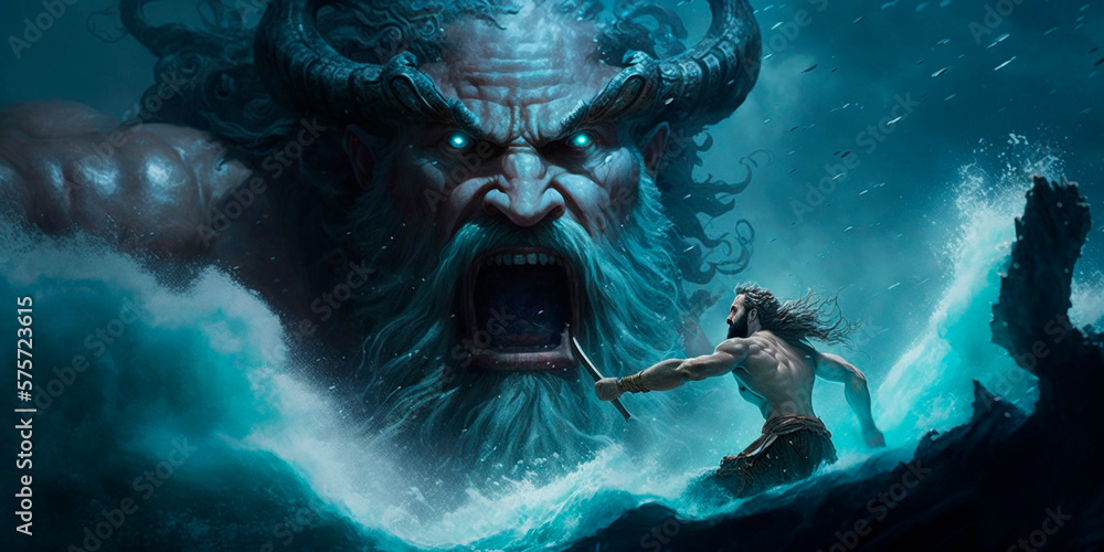 Poseidon battles the giant Polybotes in the sea Stock Illustration ...