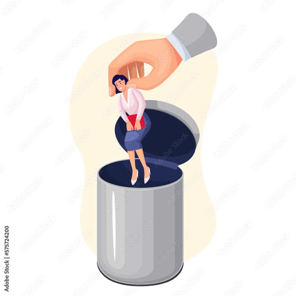 Hand of boss throwing sad female office employee to trash can vector ...
