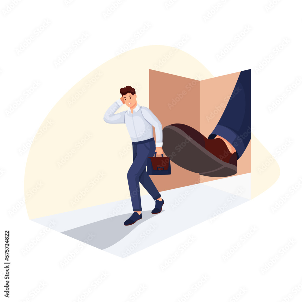 Vetor de Boss foot kicking employee out door vector illustration ...